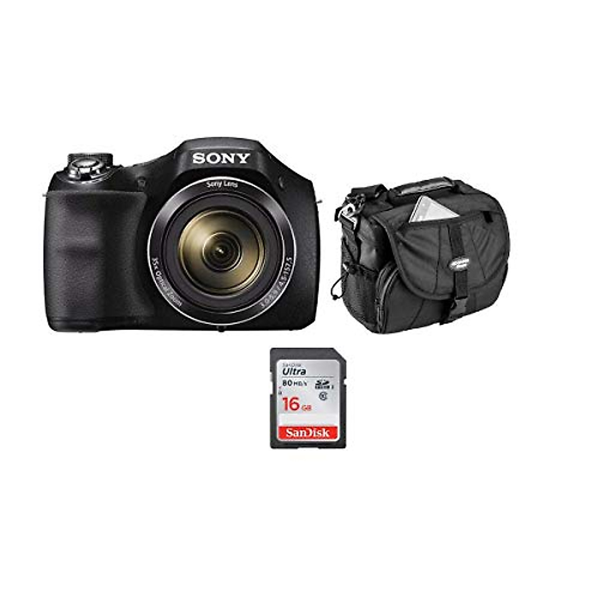 Sony Cyber-Shot DSC-H300 Digital Camera, 20.1MP, 35x Optical Zoom, Black - Bundle with 16GB Class 10 SDHC Card, Camera Bag