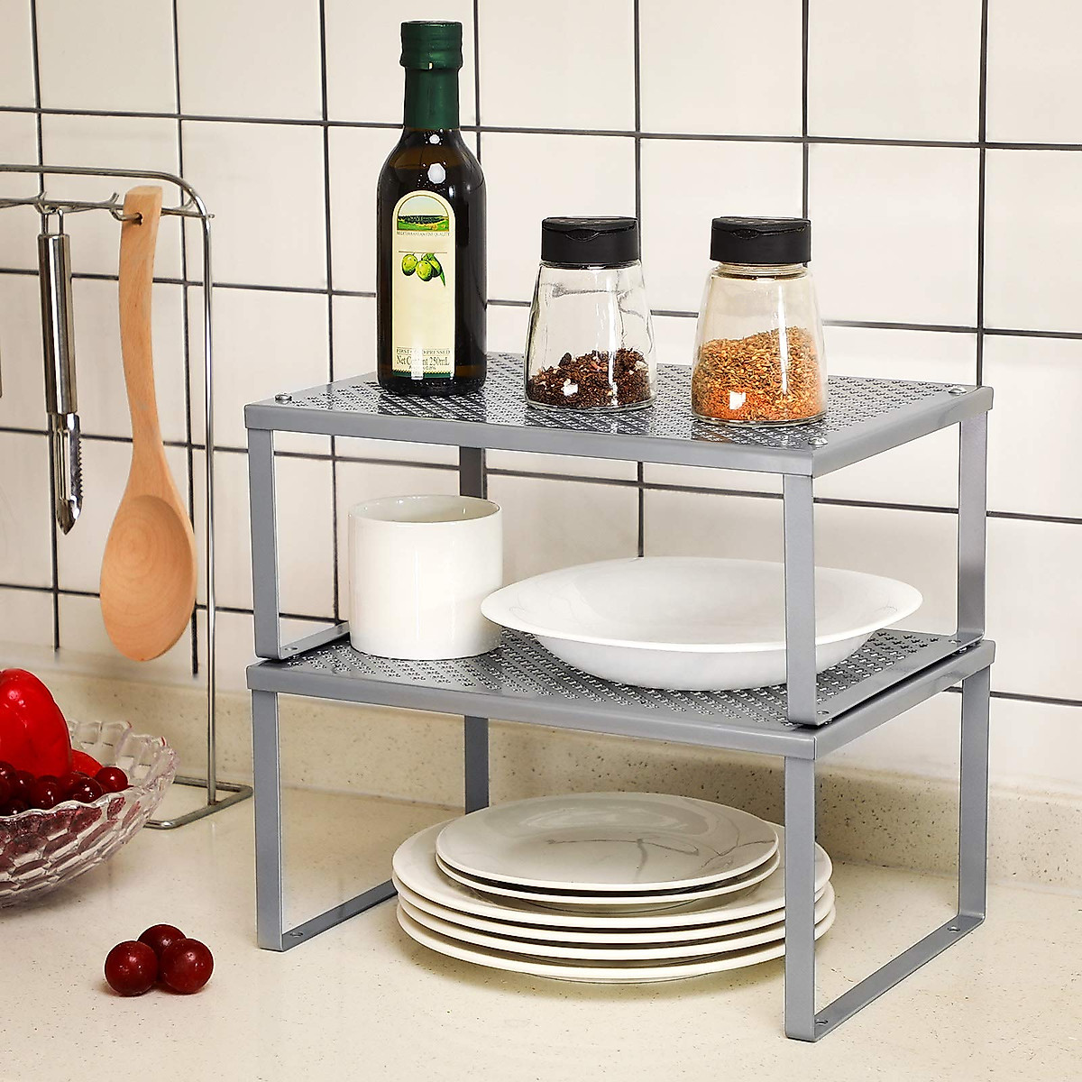 SONGMICS Bamboo Shelf Organizers and Metal Shelf Organizers Bundle, Stackable, Expandable Kitchen Shelves, Silver, Natural and White UKCS01SV and UKCS02NW