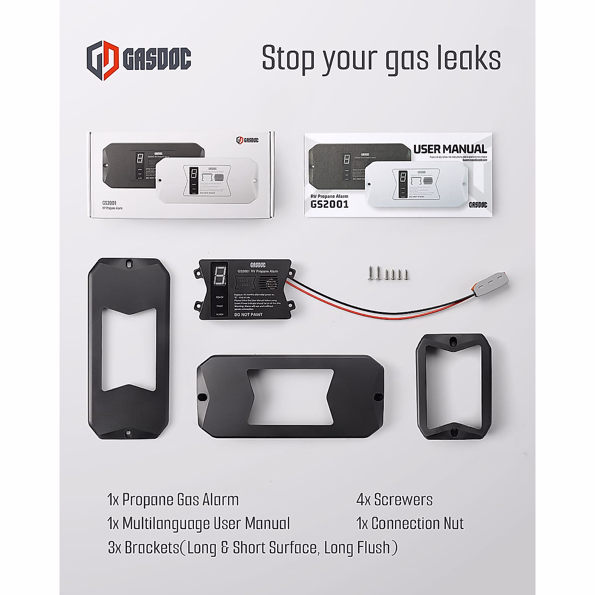 RV Propane Gas Detector, GasDoc Propane Gas Detector with 85dB Audible & Visual Alarm, for Natural Gas or Propane in RV or Motorhome, DC 12V, 3 Brackets (Long & Short, Surface & Flush) - Black