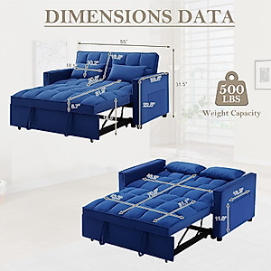3 in 1 Convertible Sleeper Sofa Couch with Pull Out Bed,55" Velvet Upholstered Futon Sofa Bed,Modern Loveseat Sleeper Chaise with Adjustable Backrest for Living Room, Guest Room, Apartment(Blue)