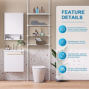 DYN Ptah Bathroom Organizer, 4-Tier Over-The-Toilet Storage, Adjustable Over The Toilet Storage Cabinet, Metal Bathroom Shelves Over Toilet for Small Room, Saving Space, 65 to 116 Inch Tall, White
