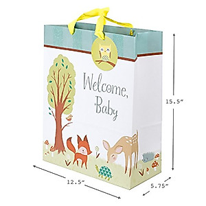 Hallmark 15" Extra Large Baby Gift Bag with Tissue Paper (Woodland Animals) for Baby Showers, New Parents and More