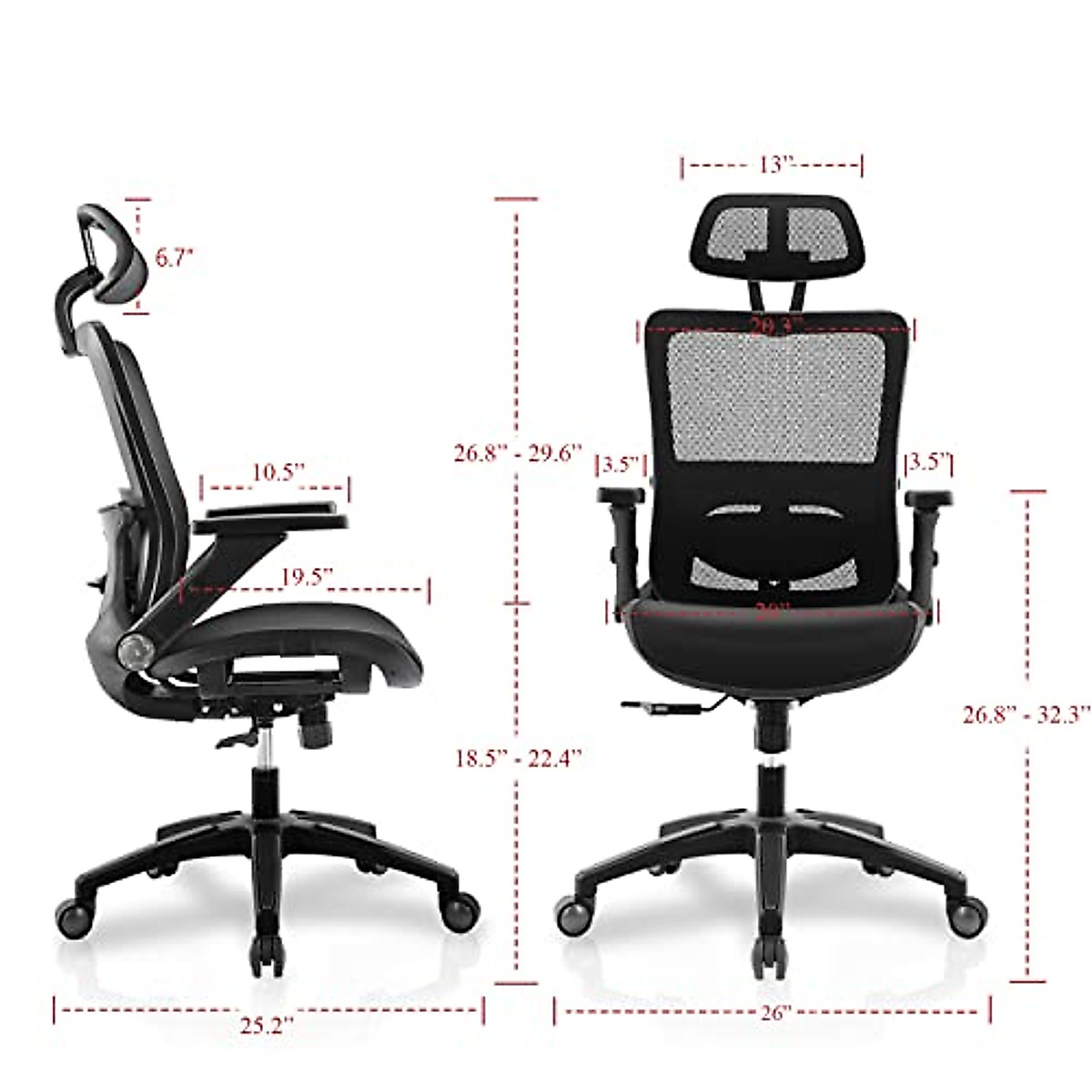 Office Chair Ergonomic Mesh Chair High Back Computer Desk Chair with 3D Armrest Adjustable Lumbar Support and Headrest Receling Chair, Black