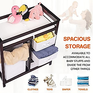 Lovin&Hugin Changing Table, Baby Diaper Changing Table with Laundry Hamper, 3 Storage Baskets and Removable Pad, Brown