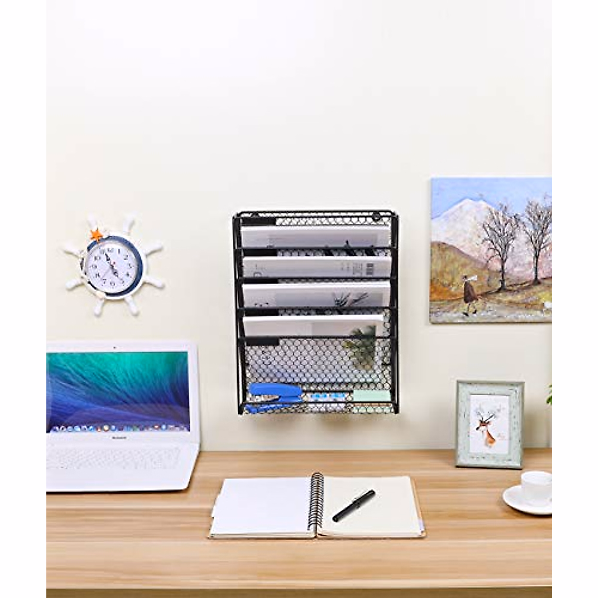 PAG Hanging Wall File Holder Mail Organizer Metal Chicken Wire Wall Mounted Literature Rack, 6 Tier, Black