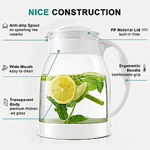 Glass Pitcher - HIHUOS 68oz Water Pitcher with Lid and Spout - Refined Beverage Pitcher with Handle for Easy Cleaning, Glass Jug for Water, Iced Tea, Juice, Lemonade