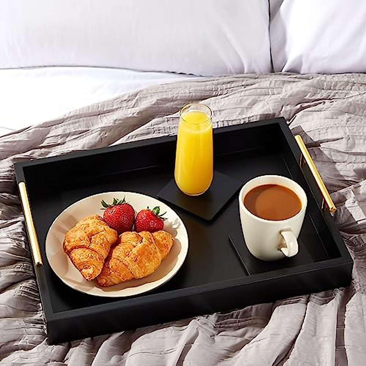 Black Serving Tray for Coffee Table, 16x12 with Coasters, Decorative Interchangeable Gold andSilver Handles