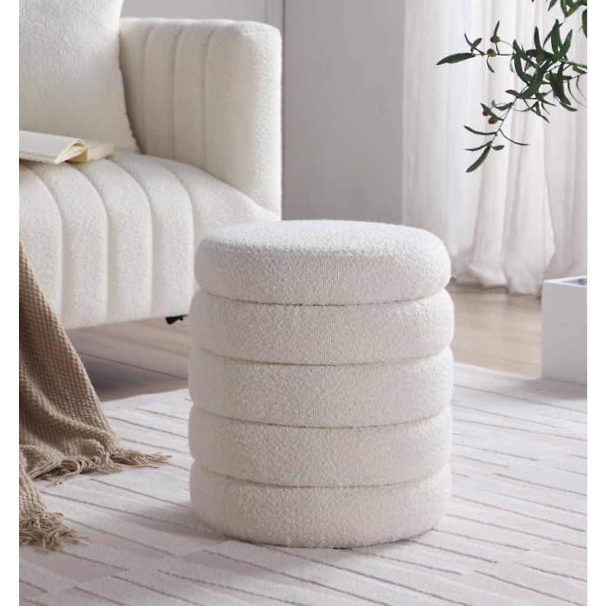 Modern Round Ottoman with Soft Padded Seat, Storage Vanity Chairs for Makeup, Upholstered Footrest Stool Ottoman Foot Stool for Living Room, Bedroom
