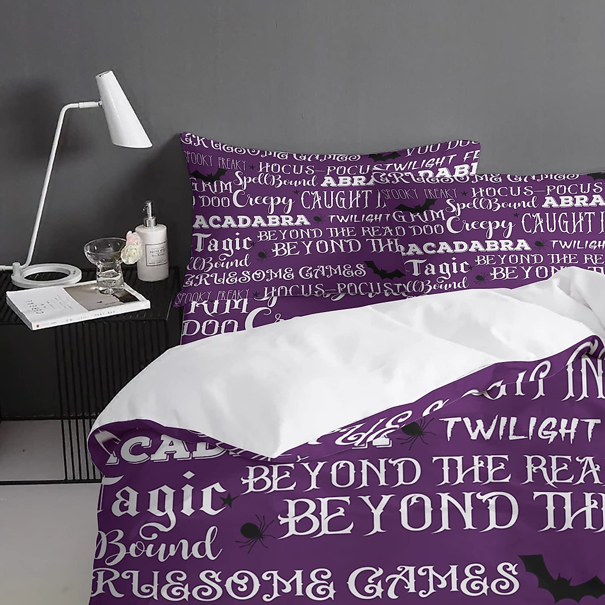 ZOE GARDEN Purple Halloween Duvet Cover Set Queen Size, Black White Bat SPI-der Hocus-Pocus Zipper Closure Microfiber Soft Comforter Patterned Bed Quilt Duvet+Cover, Flat Sheet, Pillowcases with Ties