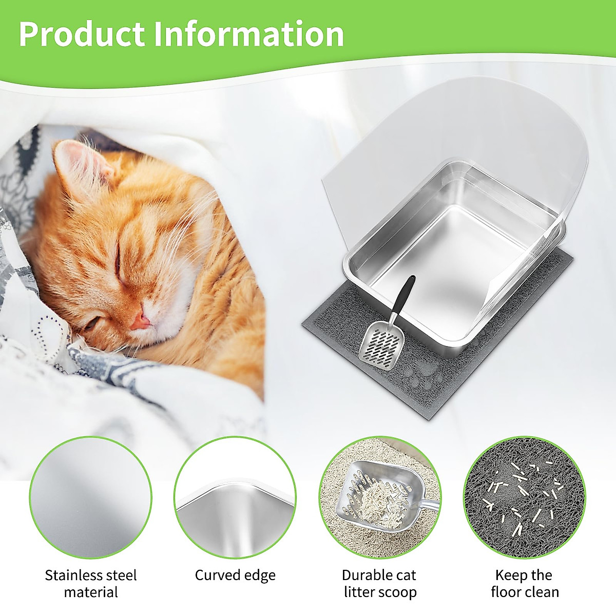 Rypet 2 Set Stainless Steel Litter Box，Rust Proof Metal Cat Litter Tray，Durable Kitten Litter Box with 2 Cat Litter Scoop，6 Litter Pee Splash Guard and 2 Cat Litter Mat，Easy to Clean(17.5"*13.6"*6")