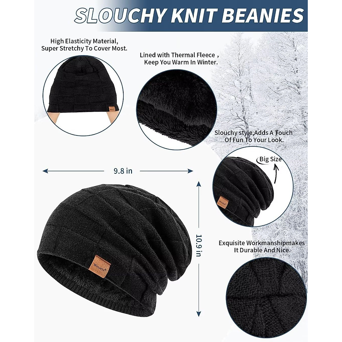 Mens Hat Scarf and Gloves Set Winter, Thick Thermal Fleece Lined Slouchy Beanie Neck Warmer Scarves Touchscreen Gloves, 3 in 1 Warm Set for Cold Weather(Black)