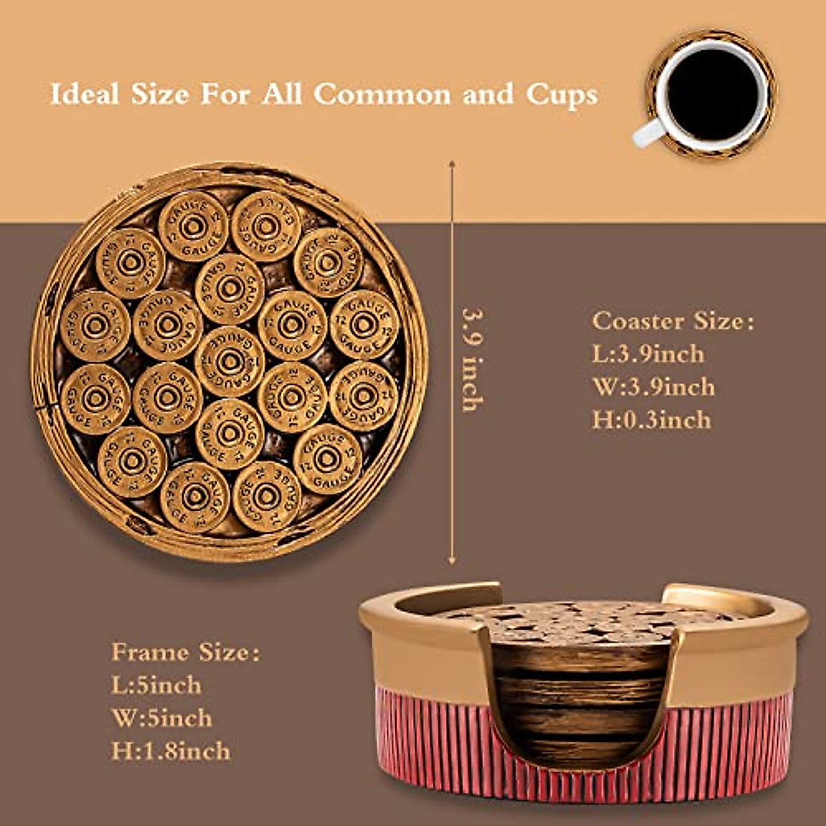 Gifts for Men or Women, 12 Gauge Shell Creative Coasters for Drinks, Coasters with Holder for Coffee Table, Wooden Table, Outdoor, Living Room, Kitchen, Rustic Bar Decorations