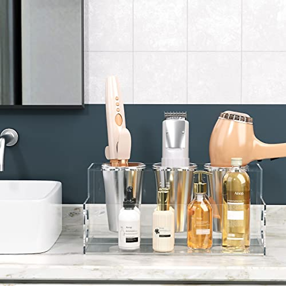 HIIMIEI Hair Tools Organizer Clear Acrylic Hair Dryer Holder Countertop Blow Dryer Stand Storage for Vanity Bathroom with 3 Cups