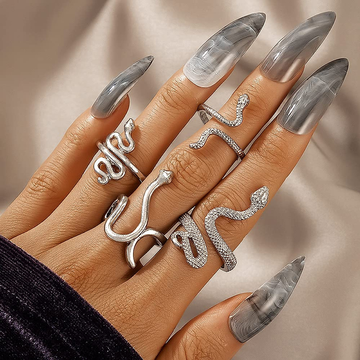 JWICOS 4Pcs Silver Punk Snake Style Stackable Finger Rings for Women Gothic Vintage Open Adjustable Rings Set Gift for Snake Lover Reptile Lover
