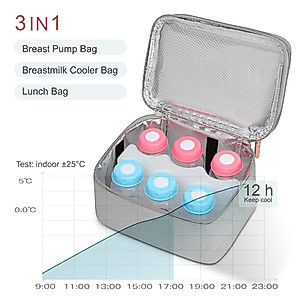 QIUXQIU Breast Pump Bag for Hands-Free Wearable Breast Pumps、Bottles,Pump Parts, and Storage Bag，Tote Bag，Multi-Function Breastmilk Cooler Bag Insulated Bag,with Cooler Including 1pcs Ice Pack(Gray)