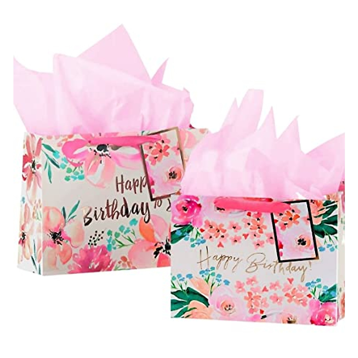 YE GIVING Happy Birthday Gift Bags With Tissue 9"x4"x7" 4 Pack. 2 Designs. Includes Tissue Paper And Tags.