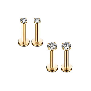 16G Clear CZ Labret Monroe Lip Ring Tragus Nail Helix Earring Stud Piercing Jewelry Surgical Stainless Steel 2mm 3mm CZ 8mm Bar 4-8 Pcs (2 Pairs Yellow Gold - Bar 8mm; CZ:2-3mm)