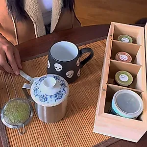 Zen Earth Inspired Bamboo Tea Organizer Box Chemical Free Eco-Friendly Big, Tall, Adjustable Cubbies Natural Wooden Storage Chest (4-Slot Rectangle 14.3"x 4.4" x 4.2" with TEA print design)