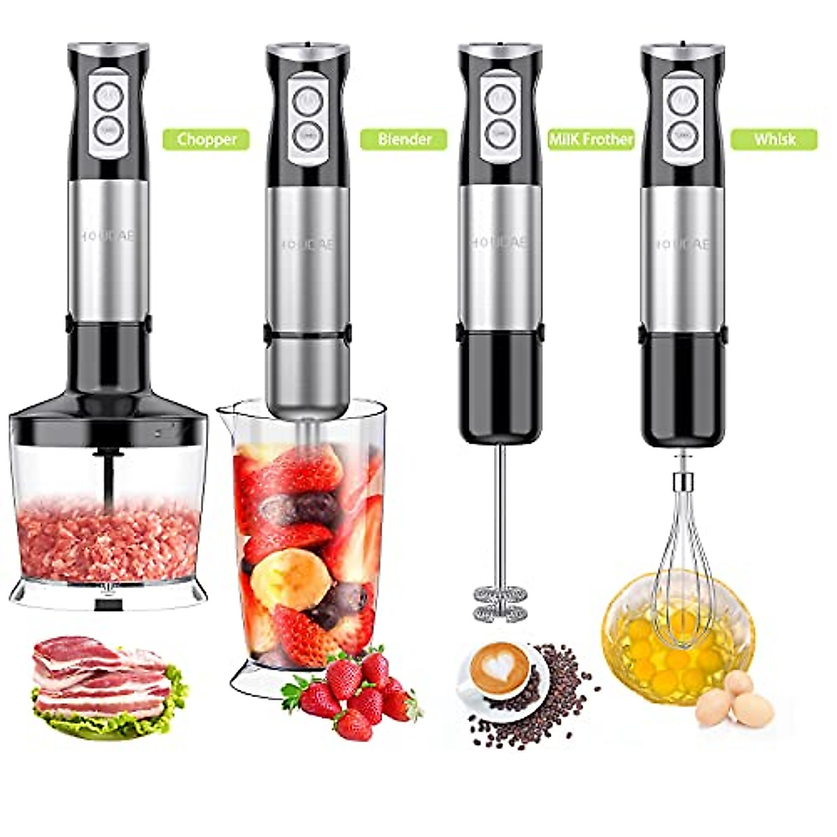 HOUCAE Hand Blender, Turbo for Finer Results, 4-in-1 Gift Set, 500 Watt 6-Speed Immersion Multi-Purpose Hand Blender Heavy Duty Copper Motor Brushed 304 Stainless Steel With Whisk, Milk Frother Attachments. Black.