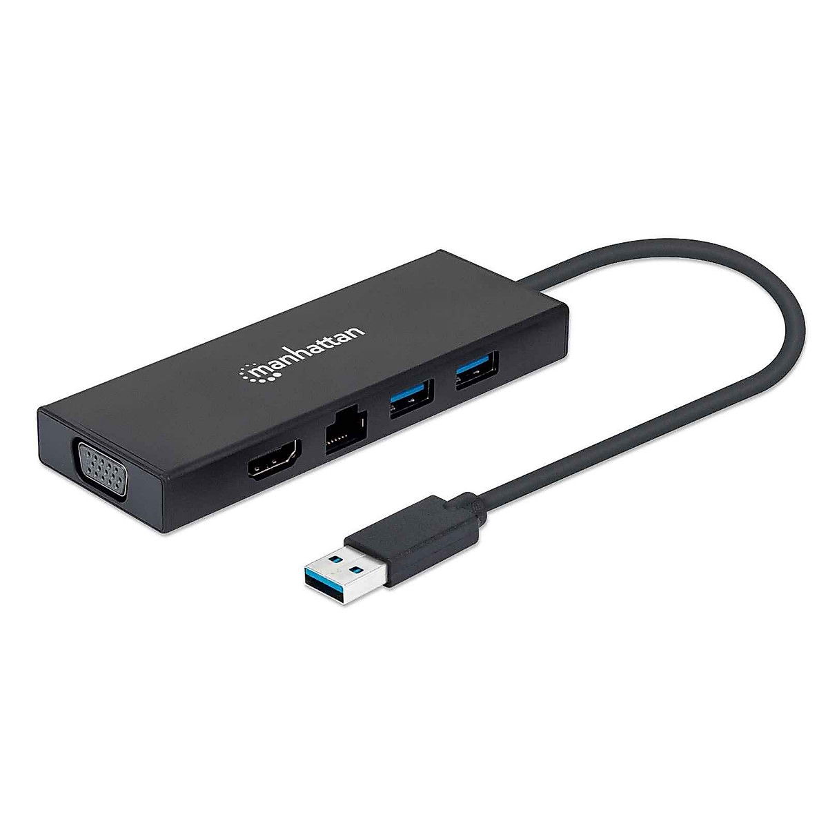 Manhattan USB-A Dock/Hub, Ports (x5): Ethernet, HDMI, USB-A (x2) and VGA, Micro-USB Power Input Port (Optional, only When add Power Needed. Not Required for Dual Monitor use. Cable not Included)
