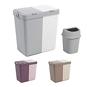 Mabel Home Plastic Laundry Hamper with Lid, 2 sections, Large Laundry Basket – Extra Trash Bin (1,6 Gallons) inc. & 3 Colour (White-Grey)