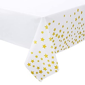 LCPCX 3-Piece Disposable Plastic Rectangle Tablecloth,Fitted Table Clothes for 6 Foot and 8 Foot Tables,Gold Star Pattern Party Decorations,54x108 Inch,White (Golden Star)