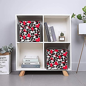 Seamless Panda Heart PU Leather Collapsible Storage Bins Canvas Cube Organizer Basket with Handles