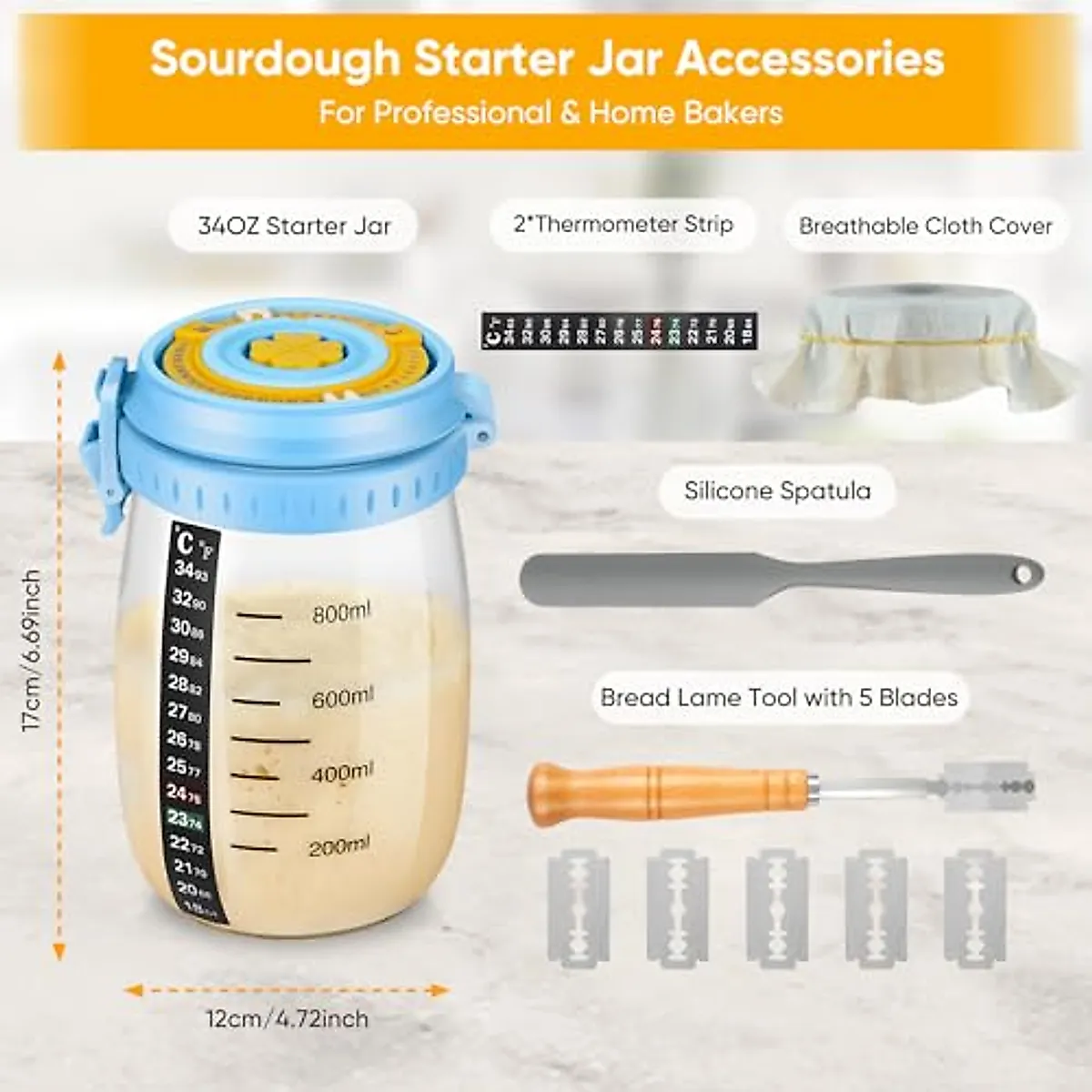 Sourdough Starter Kit, JAOBHAHY 35 OZ Sourdough Starter Jar with Lids, Reusable Sourdough Jar with Thermometer, Silicone Scraper, Cloth Cover and Bread Lame(1-Pack)