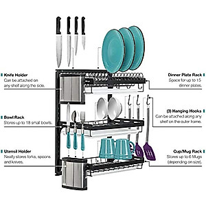 MYOYAY Dish Drying Rack Wall Mounted 3 Tier Hanging Dish Drainer Organizer Storage Shelf Drainer with Drainboard Chopsticks Knife Holder for Kitchen Sink