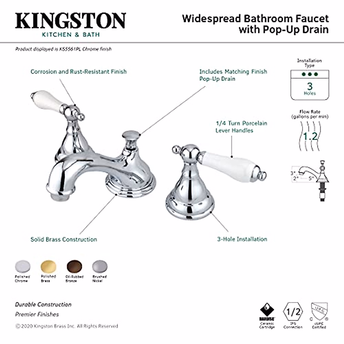 Kingston Brass KS5562PL Royale Widespread Bathroom Faucet, Polished Brass