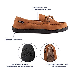 Isotoner Mens Microsuede Slipper With Cooling Memory Foam For Indoor/Outdoor Comfort Moccasin, Brown, 11-12 US