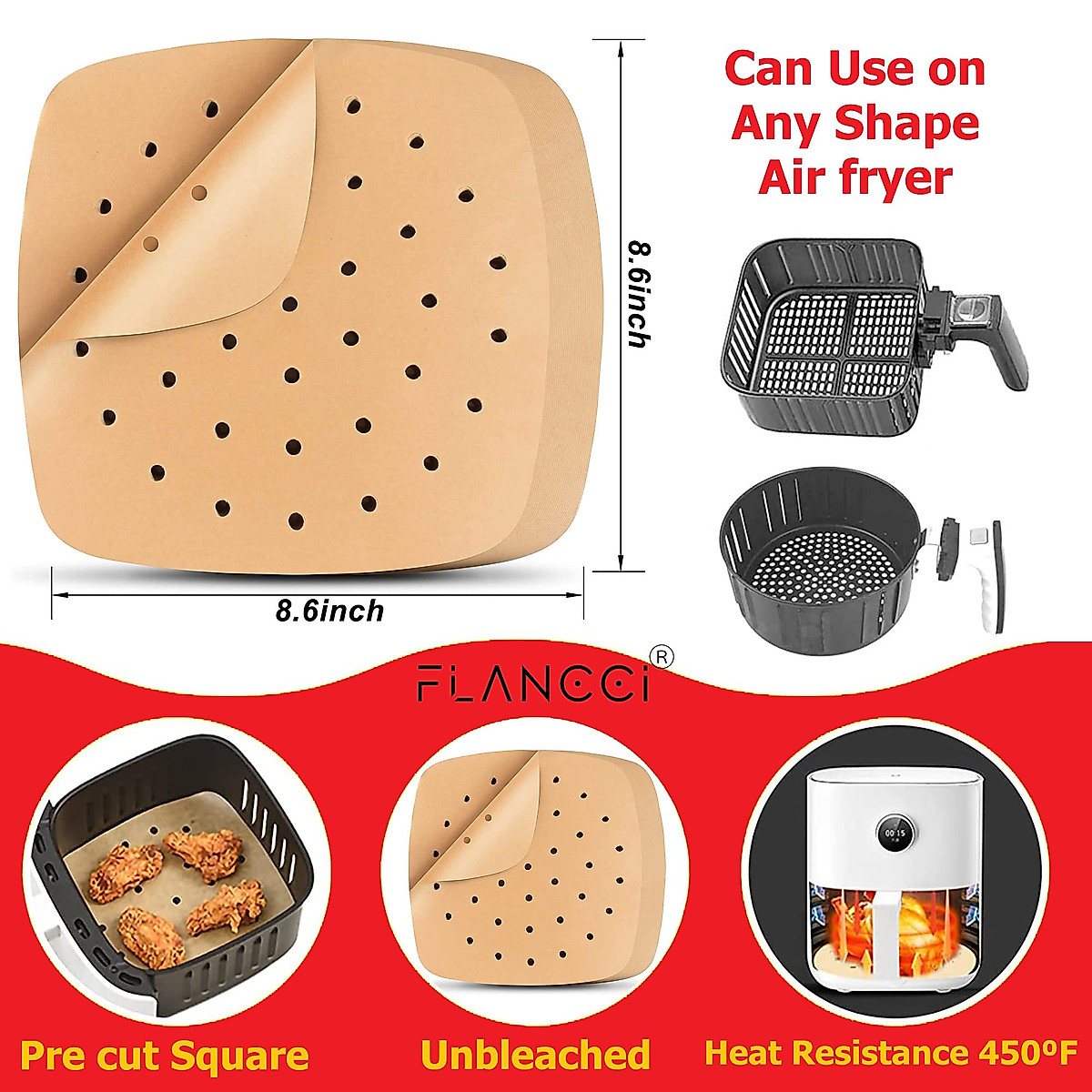 Air Fryer Liners Square Parchment Paper, Set of 100, 8.5 inches square, Air fryer accessories disposable paper liner, Oven liners for bottom of oven, Airfryer parchment paper sheets for baking