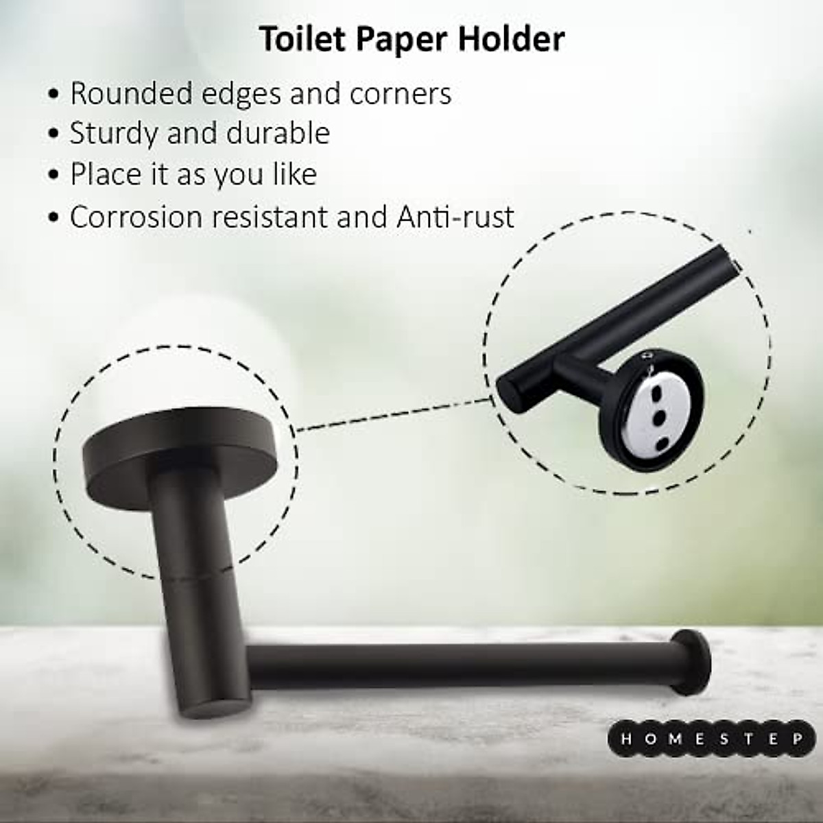 Homestep 5 pcs Bathroom Hardware Set, Stainless Steel Round Wall Mounted Include 20" Bath Towel Bar ,Toilet Paper Holder , Hand Towel Ring , 2 Towel Robe Hooks ,Bathroom Accessories Kit (Matte Black)