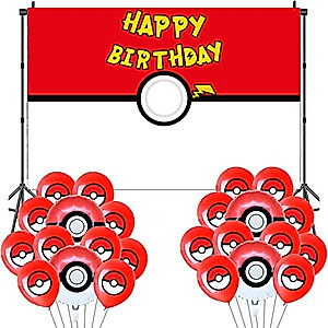 Poke Party Supplies-33pcs Poke Latex Balloons,Poke Foil Balloons and Poke Backdrop for Poke Birthday Party Decorations