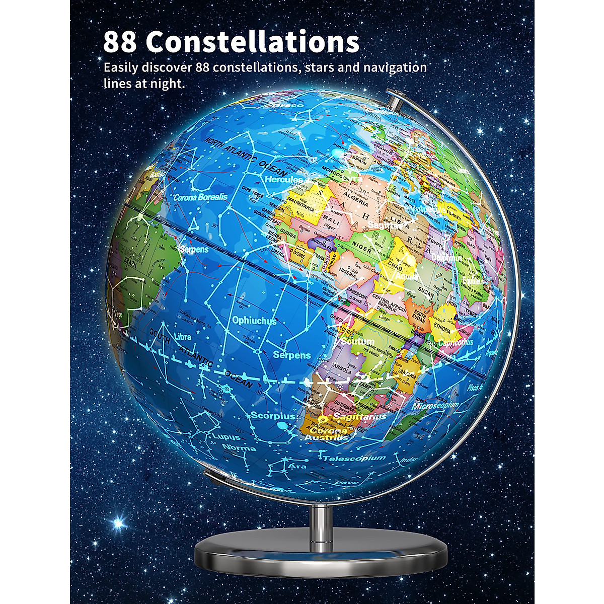 Waldauge Illuminated World Globe with Stand, 13" Earth Globes with Stable Heavy Metal Base for Kids Classroom Learning, LED Constellation Globe Night Light with HD Printed Map
