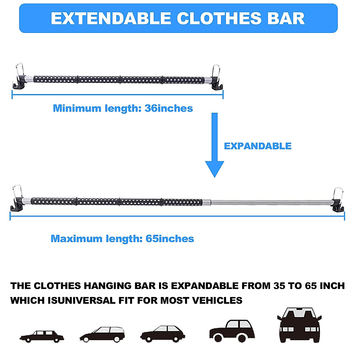 Enovorld Car Clothes Hanger Bar - Expandable 36 to 65 inches Retractable Vehicle Cloth Rack Hanger Rod for Car Trucks, SUVs, Vans, RVs, Road Travelers.
