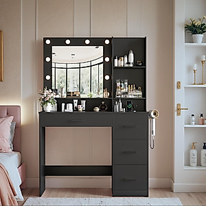 Furmax Vanity Desk with LED Lighted Mirror&Power Outlet, 39.3’’ Makeup Vanity Table with 4 Drawers and 3 Storage Shelves, Adjustable 3 Lighting Colorfor Bedroom&Dressing Room (Black)