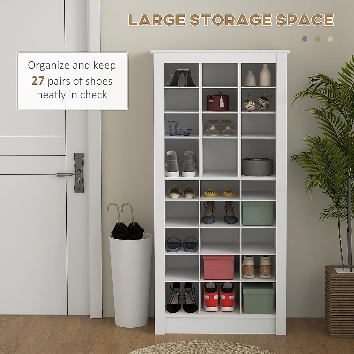 HOMCOM 58" Tall Shoe Rack Storage Organizer, Narrow Shoe Cabinet for Entryway with Open Cubes for 27 Pairs, White