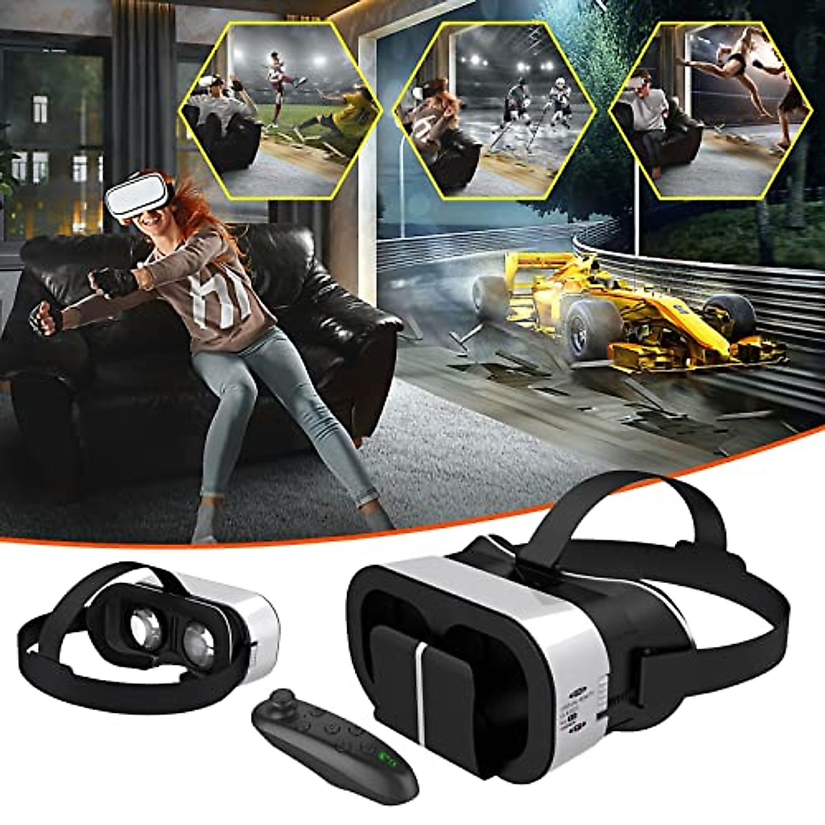 3D VR Glasses with Remote Control, Reality Glasses for Mobile Phones with Goggles Suitable for Movies with Remote Control,360 ° Panoramic Immersive Experience, Compatible with iOS& Android