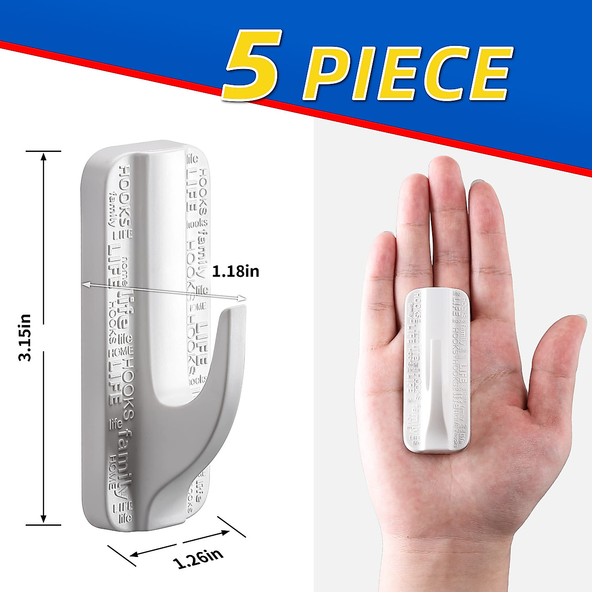 ALOCEO Wall Sticky Hooks for Hanging Shower Hooks for Bathroom Kitchen Office Closet, 5 Pack 6 Adhesive Strips, White