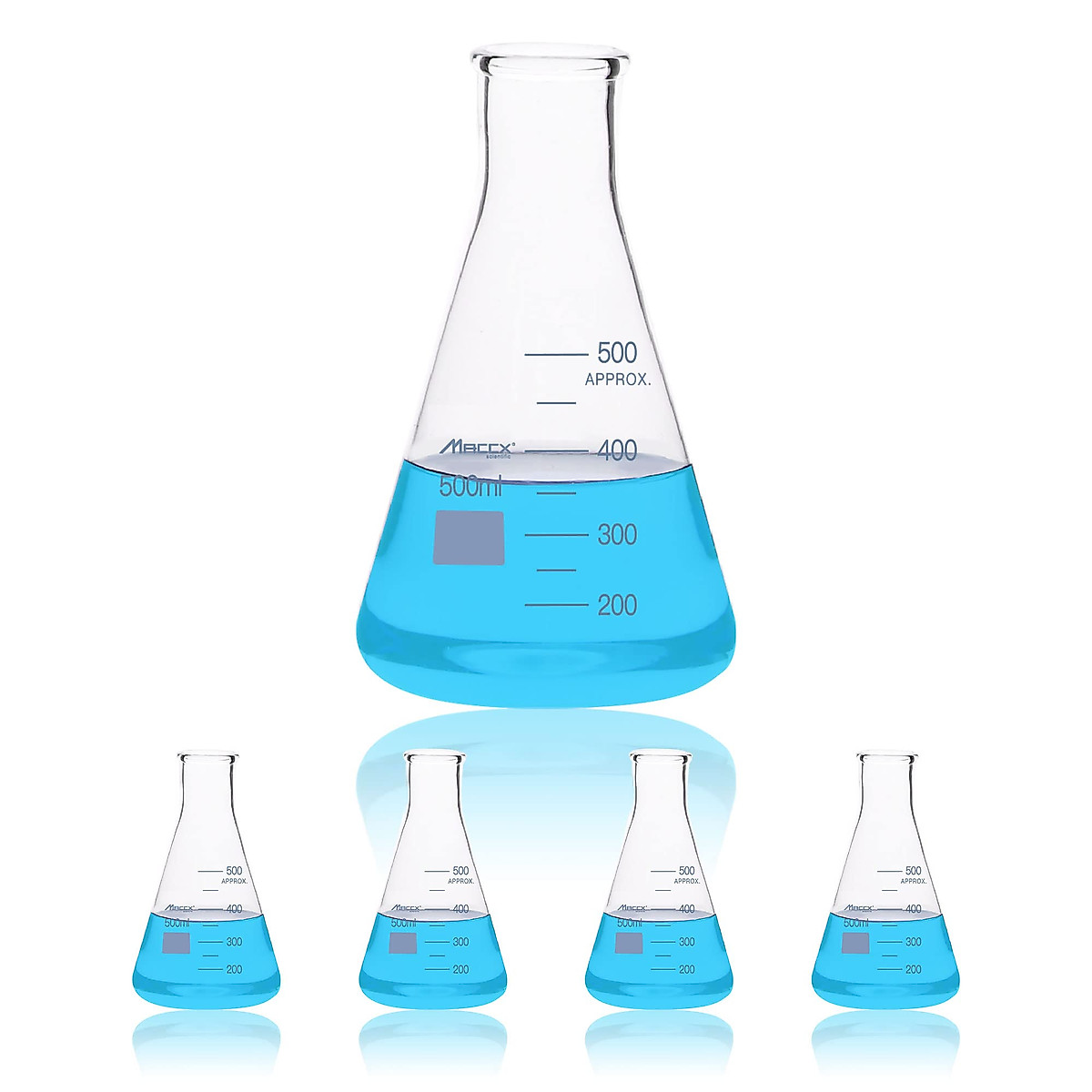 Maccx 16.9oz(500ml) Narrow-Mouth Sturdy Glass Erlenmeyer Flask, 3.3 Borosilicate with Printed Graduation, Pack of 4, EFN500-004