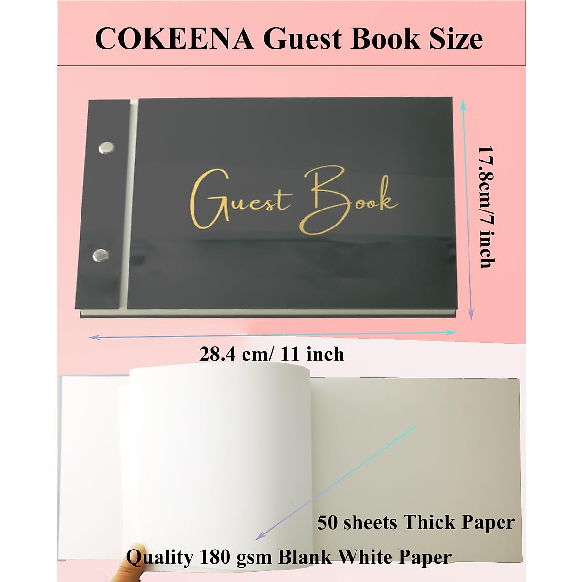COKEENA Silver Wedding Guest Book with Acrylic Cover |10x7 inches| 50 Sheets Blank Paper (100 Pages), Modern Guest Book for Wedding Reception,Party or Events (Silver)