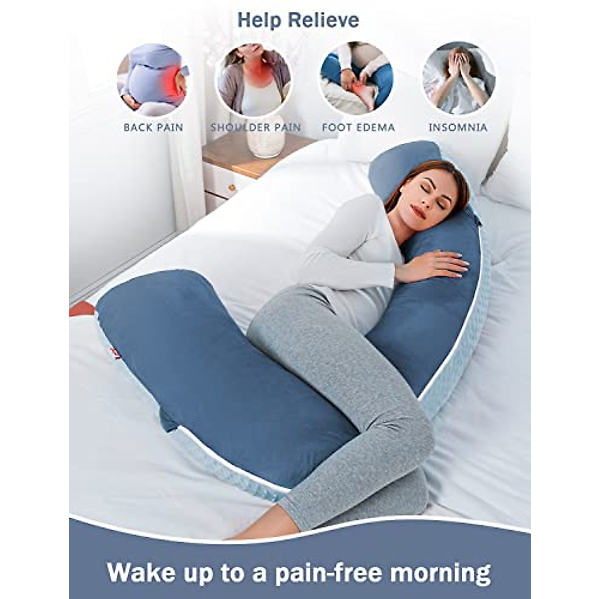 AngQi Full Body Pregnancy Pillow, Pregnancy Pillows for Sleeping, L Shaped Body Pillows for Adults, Maternity Pillow for Side Sleepers with Minky dot & Velvet A/B Side Cover, Dot White & Blue