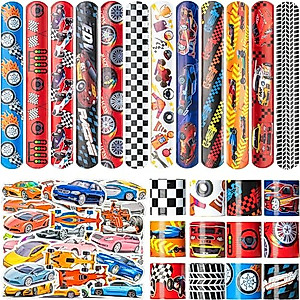 Haooryx 74PCS Racing Car Slap Bracelets 50PCS Race Car Stickers Party Favors Racing and Speed Themed Wristband Checkered Flags Slap Bracelets for Kids Car Birthday Party Classroom Rewards Supplies