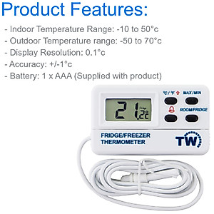 Digital Refrigerator Thermometer - Fridge and Freezer Alarm Alert When Temperatures Drop - Ideal RV Fridge Freezer Thermometer with Alarm and Max Min
