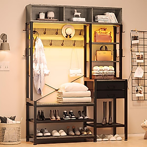 Itaar Hall Tree with Bench and Shoe Storage, 7-in-1 Entryway Bench with Coat Rack, 3 Storage Cubbies, 3 Storage Shelves, 17 Coat Hooks, 2 Fabric Drawers (Oak Grey)