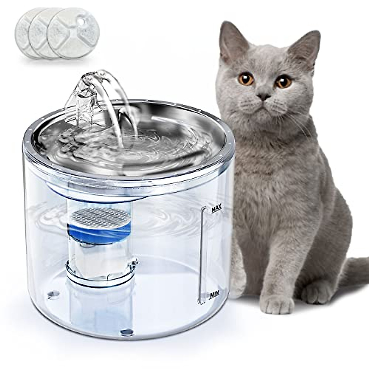 Cat Water Fountain Stainless Steel -SINDOX Dog Water Bowl Fountain, 2.6L/88oz Automatic Cat Fountains Ultra Quiet Pet Drinking Water Dispenser for Cats, Dogs, Multiple Pets with 3 Filters-Transparent
