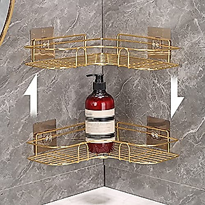 YZPFSD 2-Pack Shower Caddy Shelf, Suction Tray, Steel Storage Organizer for Bathroom,Kitchen,Laundry - Razor,Shampoo Holder Organizer,No Drilling Adhesive Only for 90 Degrees Right Angle,Gold