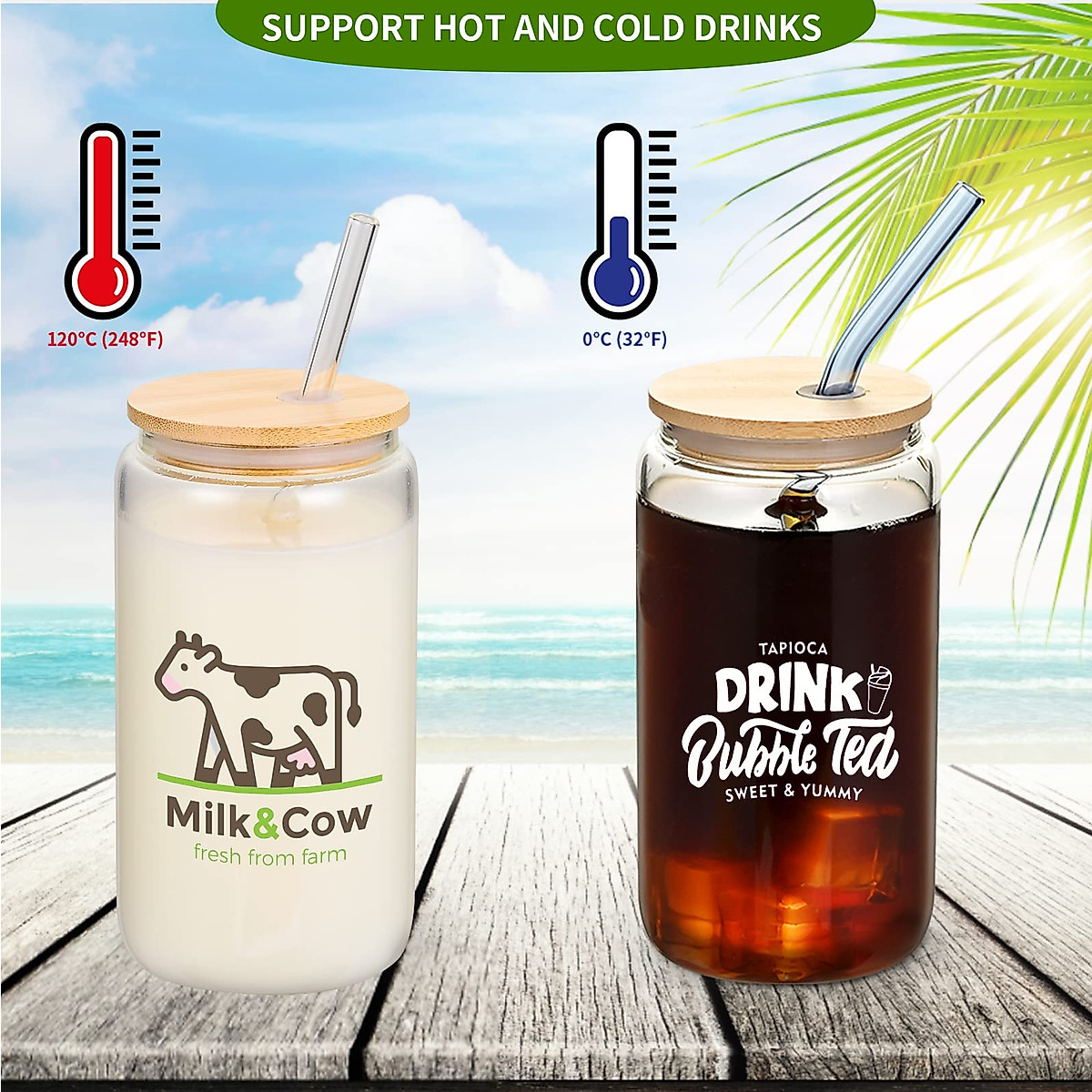 KIDJFGG Sublimation Glass Blanks With Bamboo Lid, 8pack 16OZ Clear Sublimation Beer Can Glass with Glass Straws Gift Box Mason Jar Cups Mug Travel Tumbler for Beer, Juice, Soda, Iced Coffee, Drinks