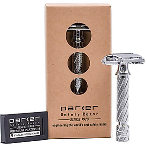 Parker 87R Chrome Standard Length Handle Butterfly Open Double Edge Safety Razor for Men, 5 Parker Double Edge Razor Blades Included
